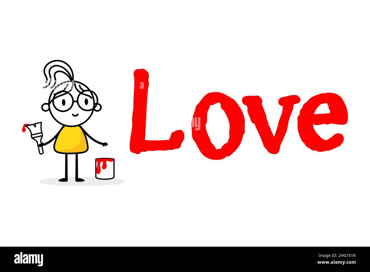 Woman draw red word love isolated on white background. Hand drawn ...