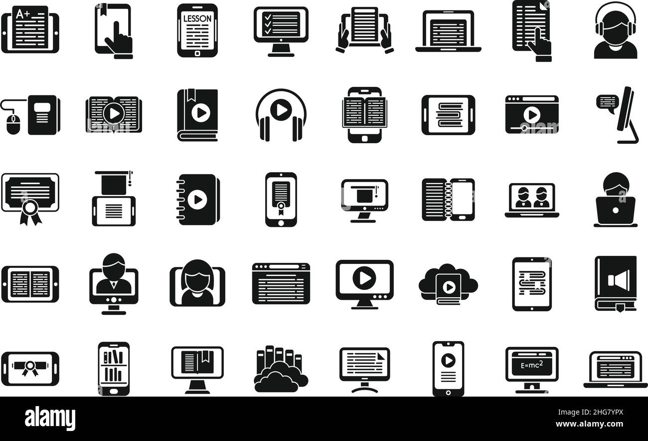 Online training icons set simple vector. Distance course. Class ...