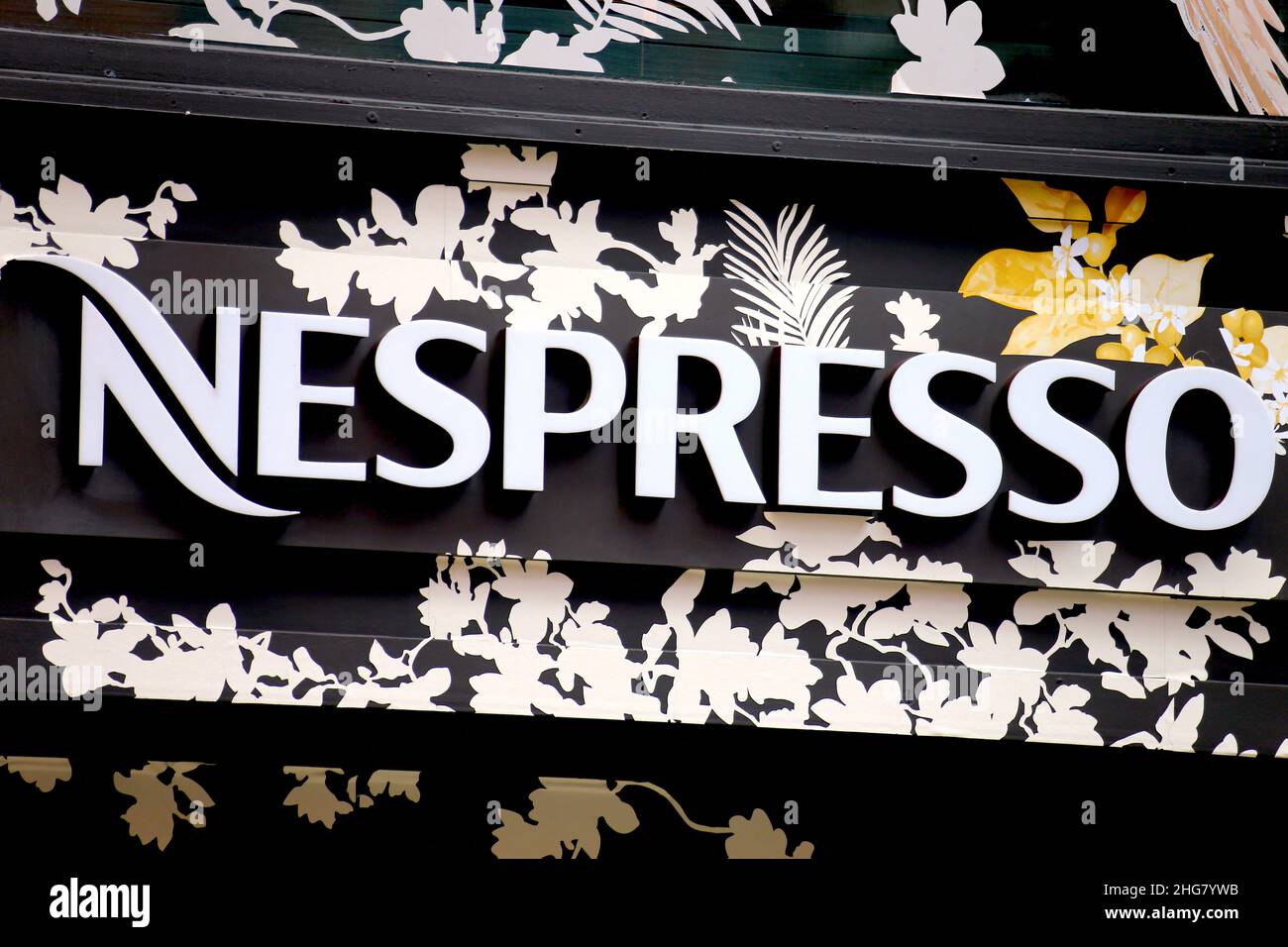 Nespresso brand logo on the street in New York City, NY, USA on January ...