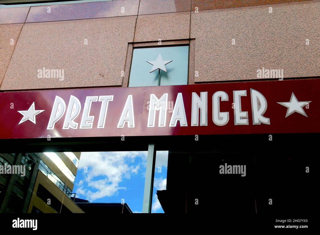 Pret a Manger brand logo on the street in New York City, NY, USA on ...