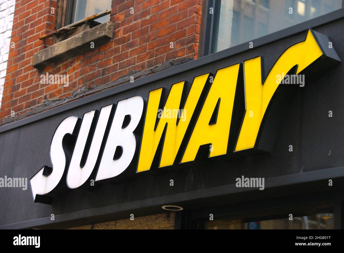 Subway brand logo on the street in New York City, NY, USA on January 18 ...