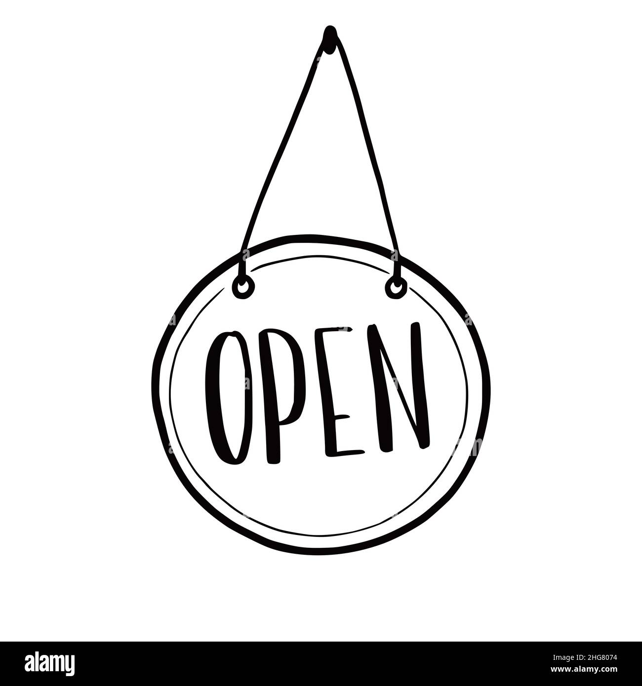 Hand drawn open sign element. Doodle sketch style. Shop door or window ...