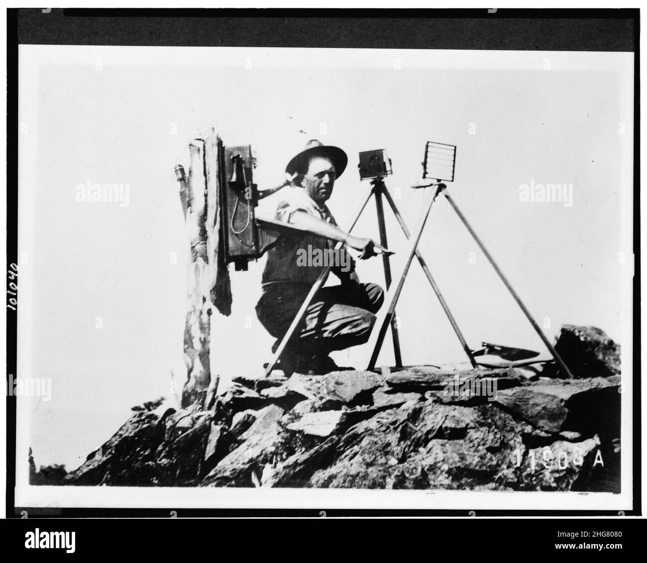 Signal station in the Rockies, showing telephone installation and ...