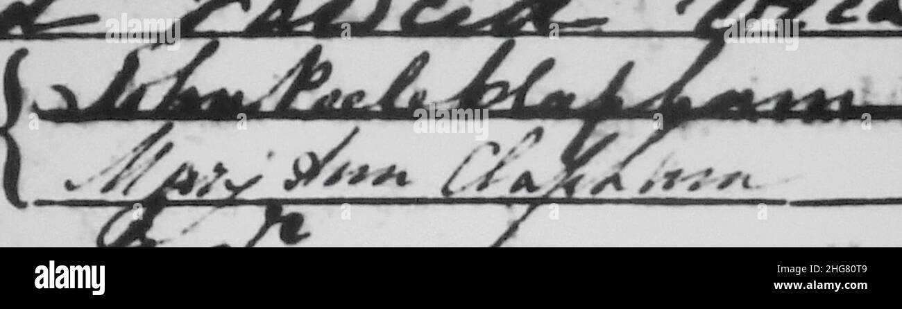 Signature of John Peele and Mary Ann Clapham 001 Stock Photo - Alamy