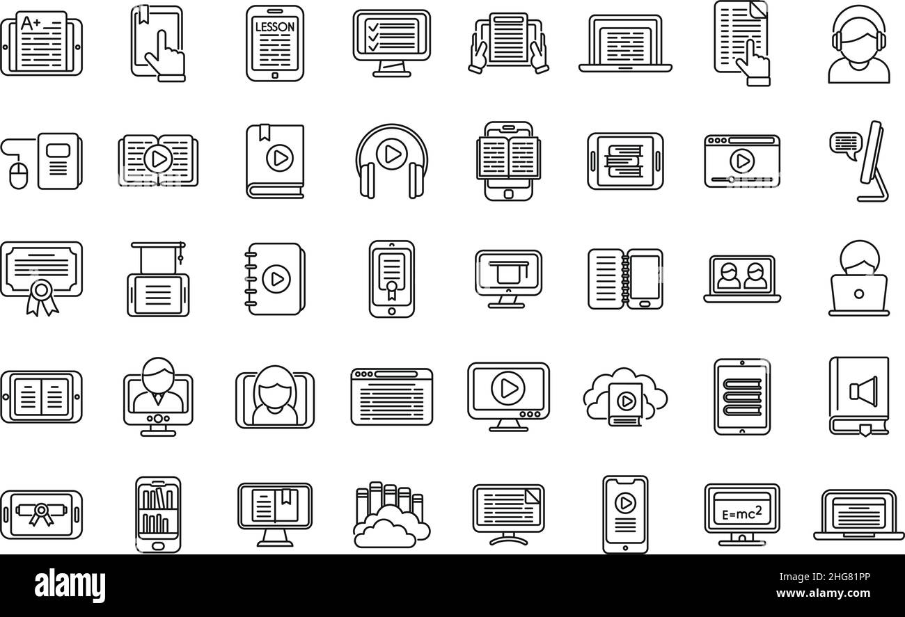Online training icons set outline vector. Distance course. Class ...
