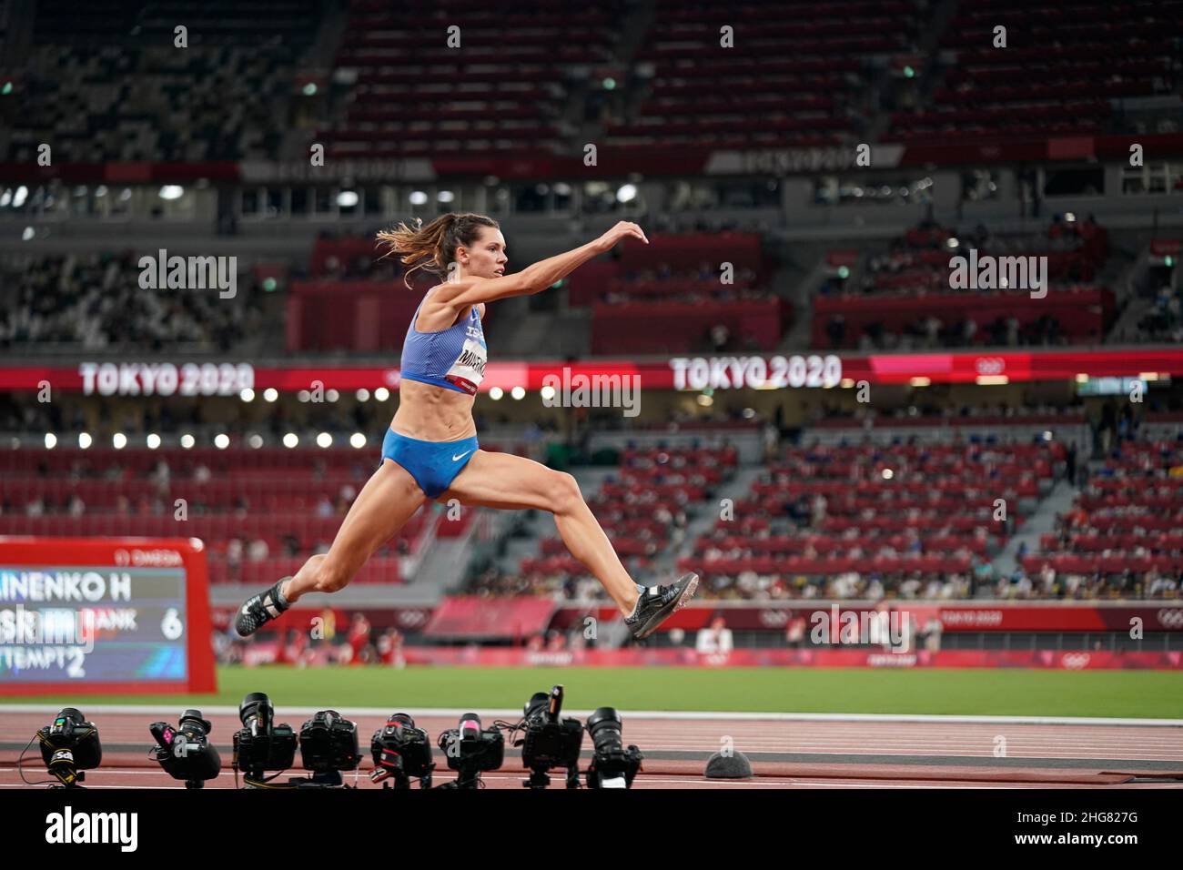 Hanna Minenko competing in the Triple Jump at the 2020 Tokyo Olympics ...