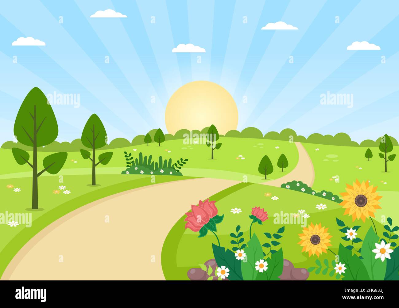Spring Time Landscape Background with Flowers Season, Rainbow and Plant ...
