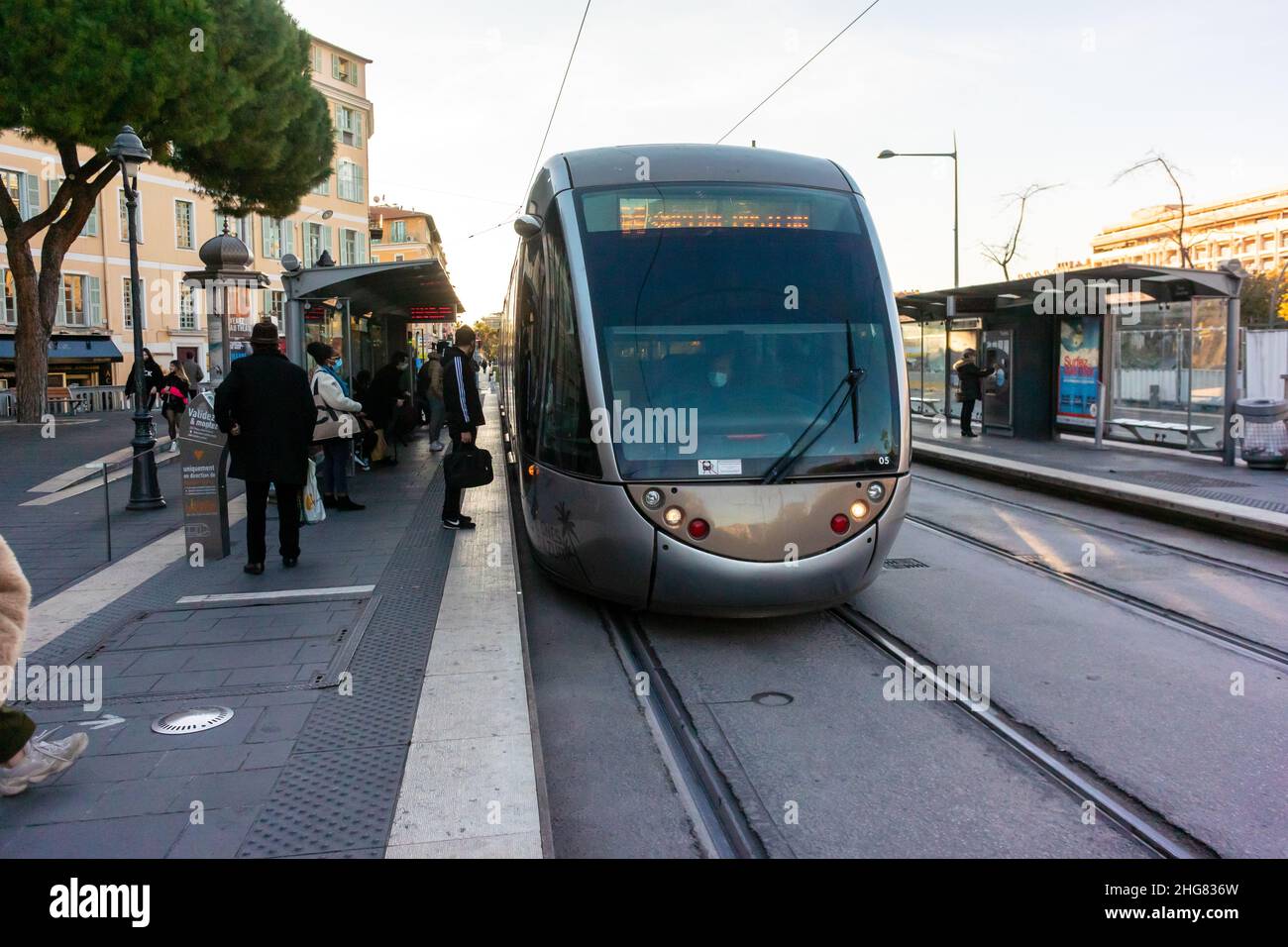 Nice, France, Public Transport on street, Tram, Front, tramway, lIne 1 ...