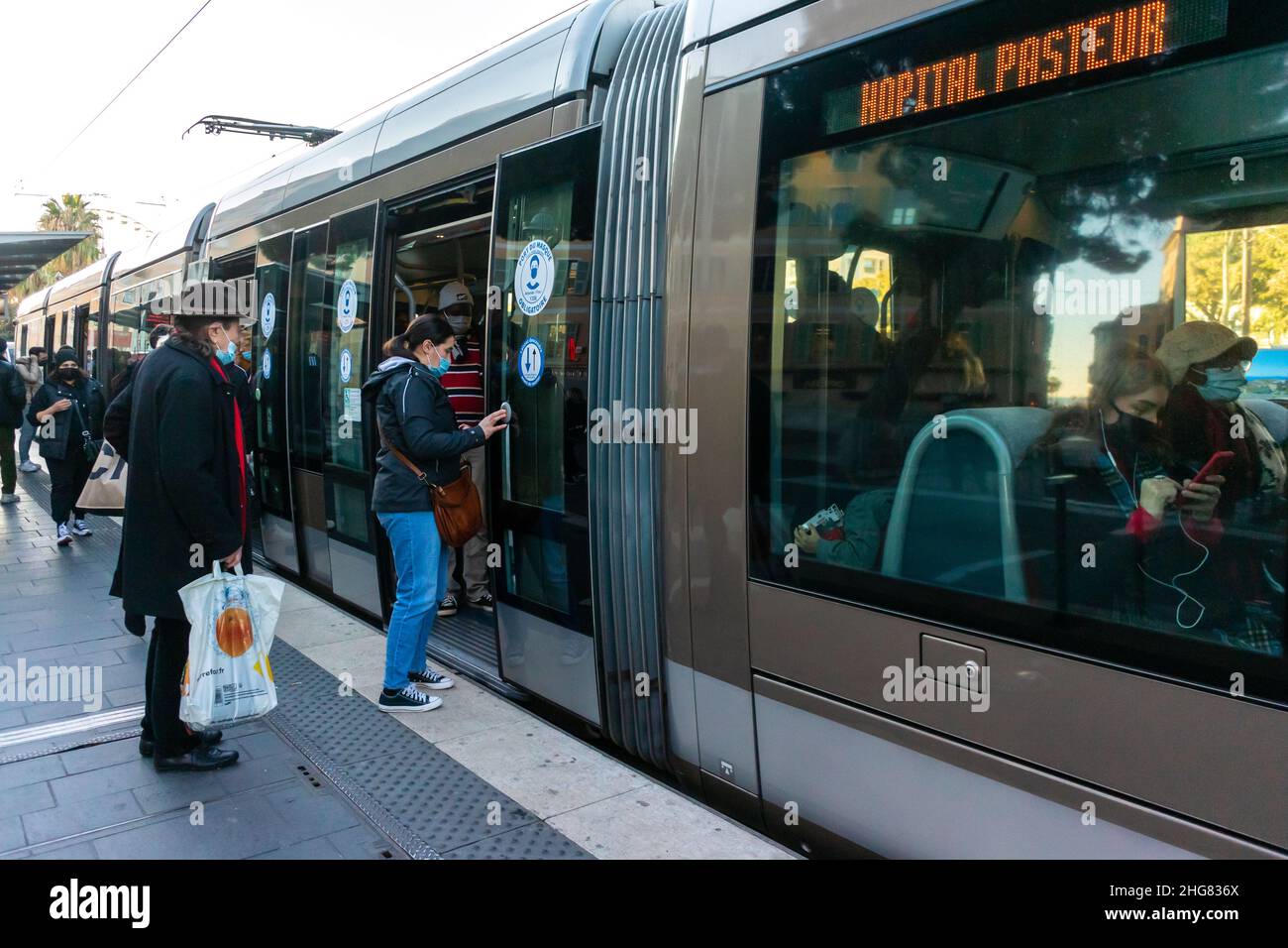 Nice, France, People Boarding Public Transport on street, Tram, Side ...