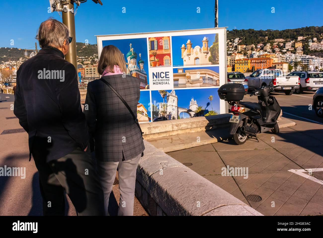 Nice, France, Couple Senior tourists visiting Port Area, Looking at ...