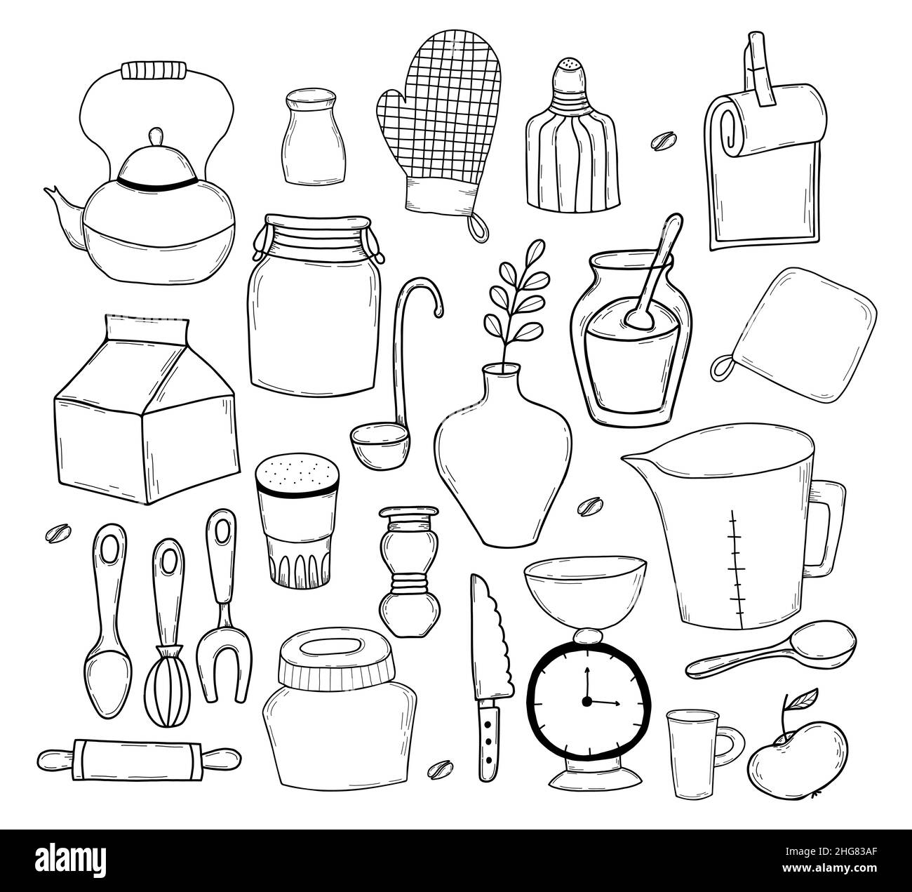 Set of kitchen tools doodles. Hand drawn kitchen equipments. Lines icon ...