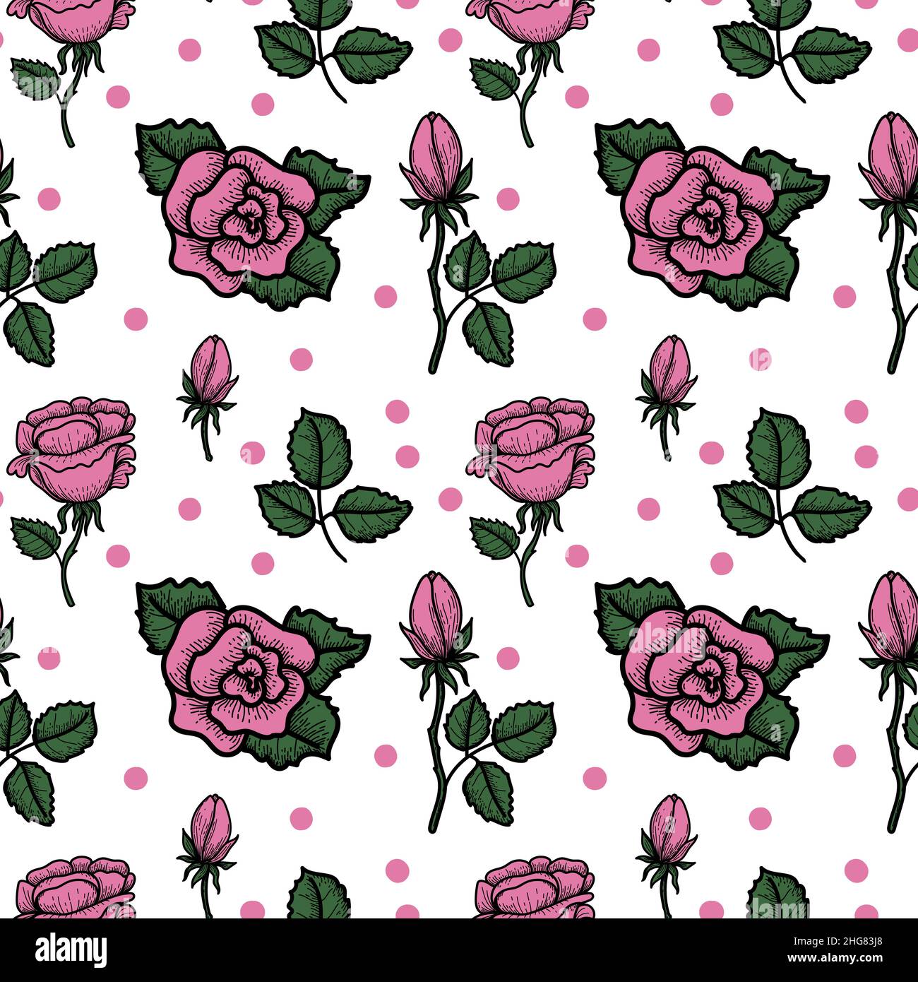 Seamless hand-drawn rose pattern in doodle style. Pink roses and peas ...