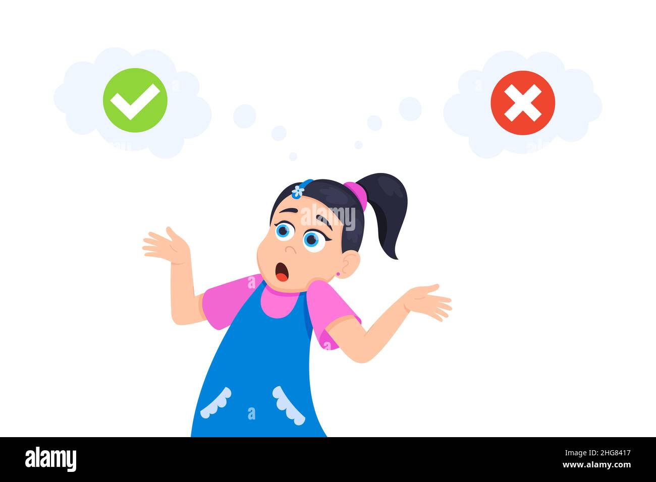 Little doubt girl between right and wrong check marks flat style design ...