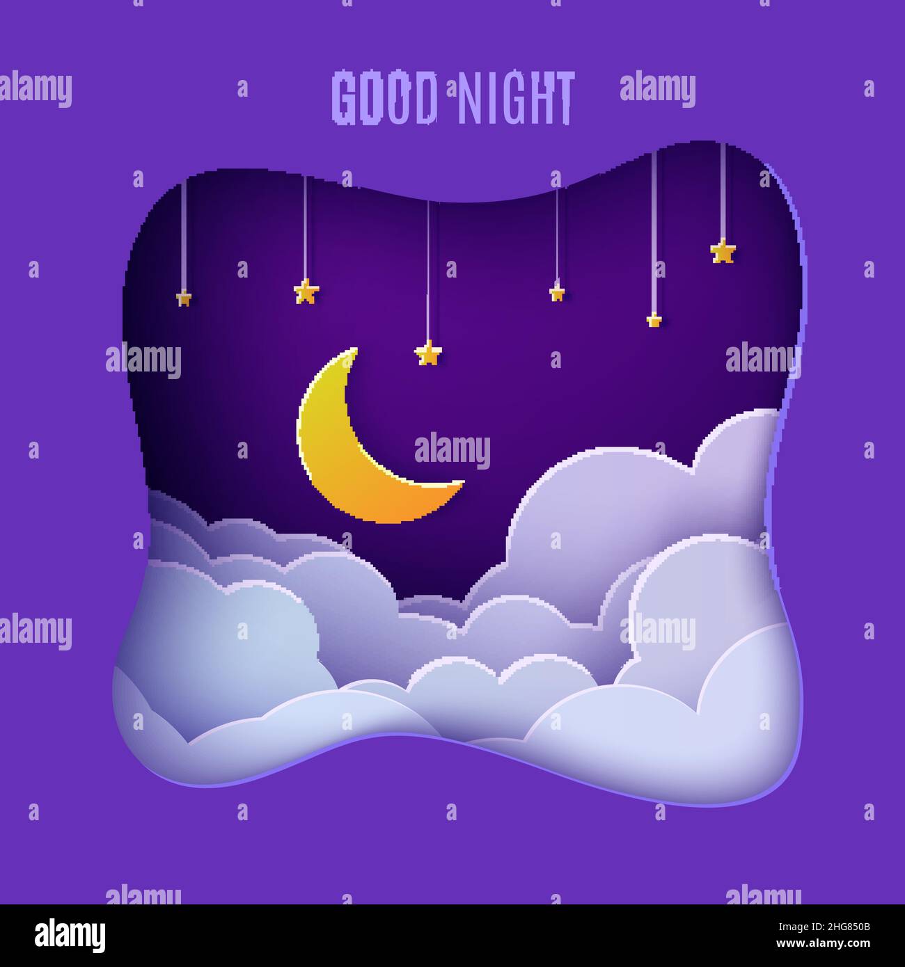 Night sky clouds frame like pillow with gold stars on rope and moon in paper cut style. Cut out ...