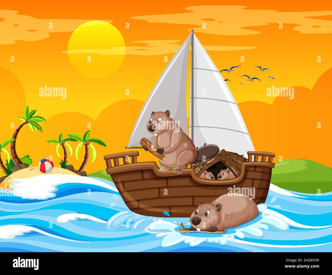 Ocean scene with beavers on a sailboat illustration Stock Vector Image ...