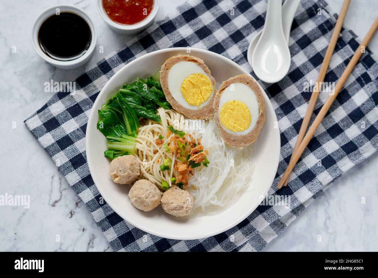 Bakso telur is Indonesian street food contain meatballs with boiled ...