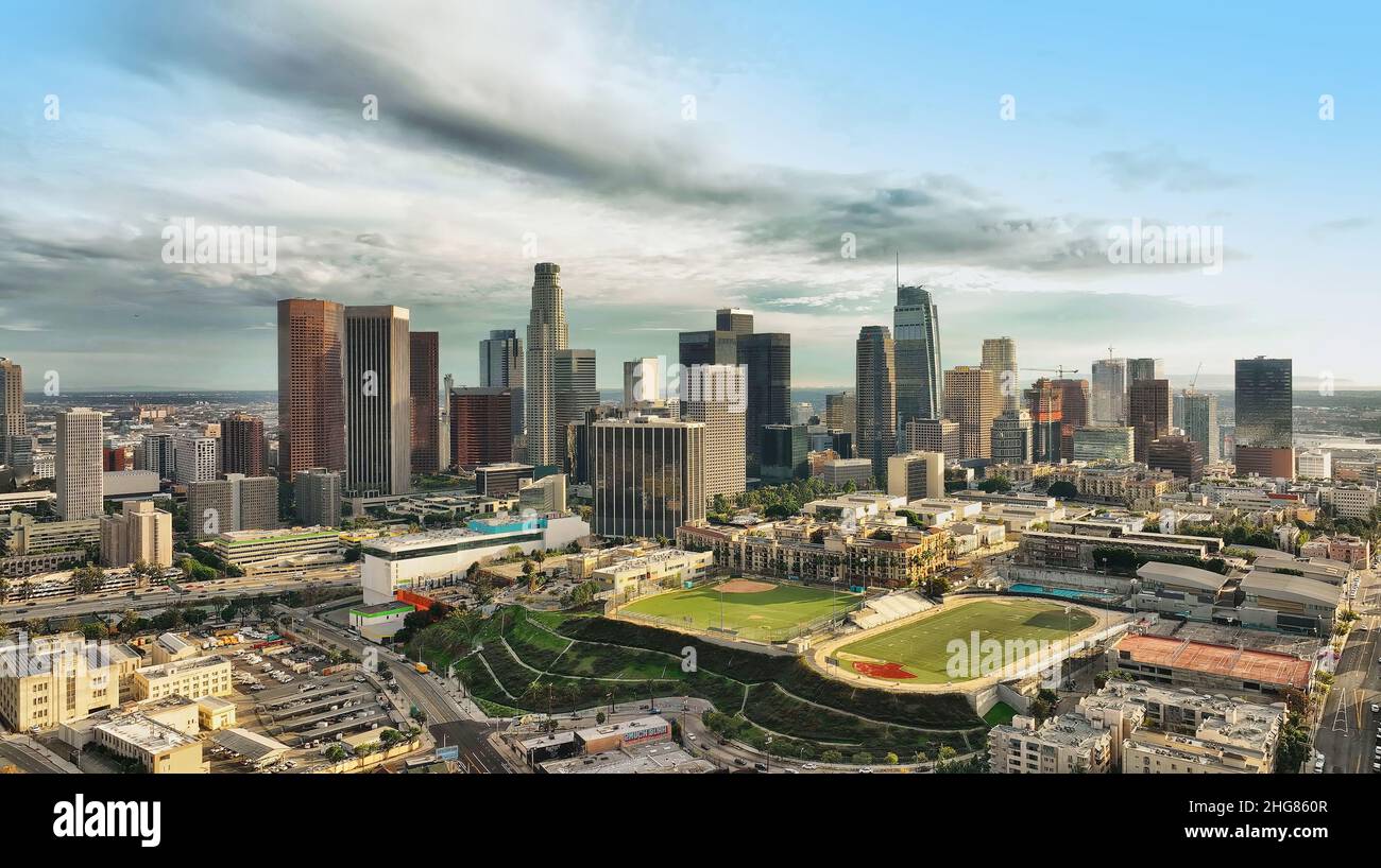 Los Angeles, California, city aerial view on downtown cityscape of Los ...