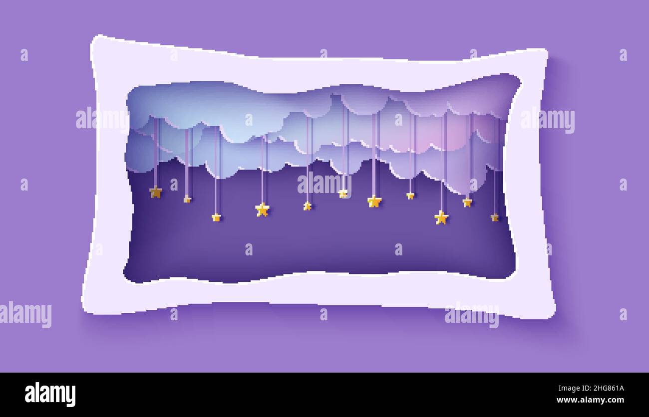 Night sky clouds frame like pillow with gold stars on rope in paper cut style. Cut out 3d ...