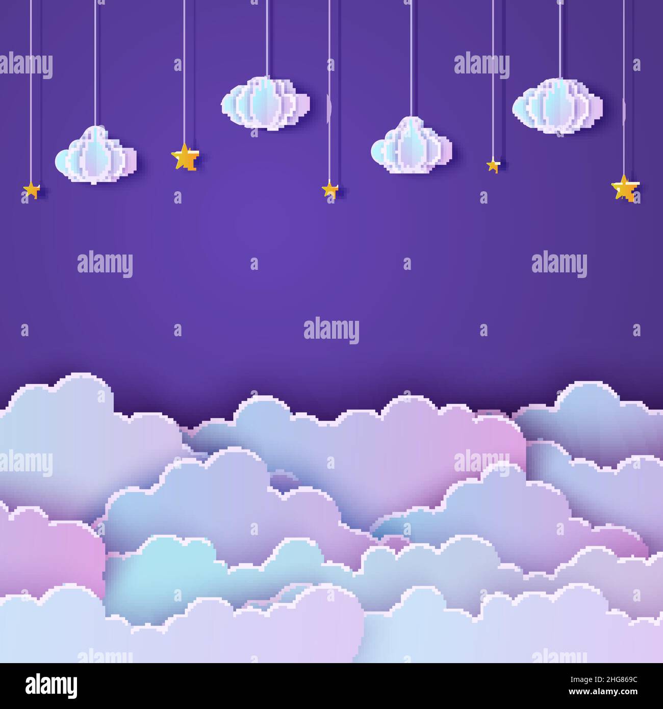 Night sky in paper cut style. Cut out 3d background with violet and blue gradient cloudy ...