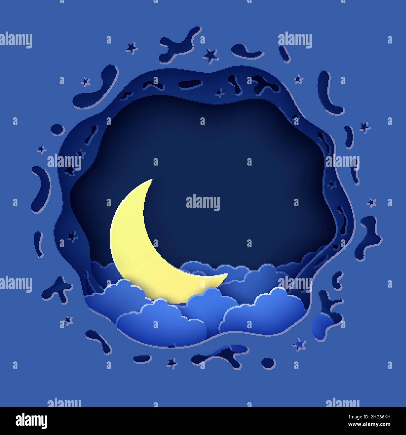 Night sky in round shape and crescent in paper cut style. 3d background ...