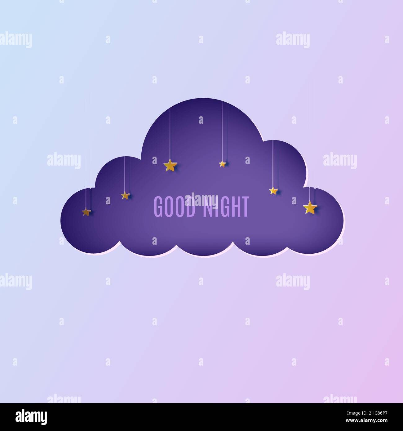 Night sky in cloud frame paper cut style. Cut out 3d violet and blue gradient background with ...