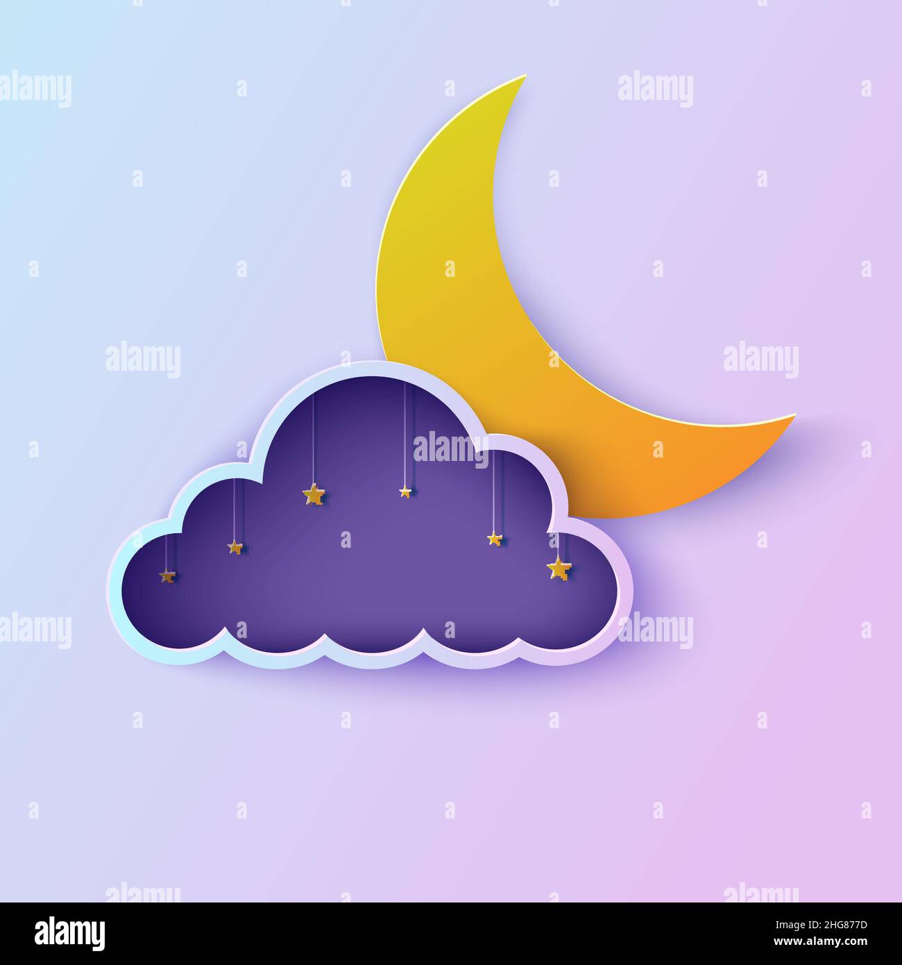 Night sky in cloud frame paper cut style. Cut out 3d violet and blue gradient background with ...