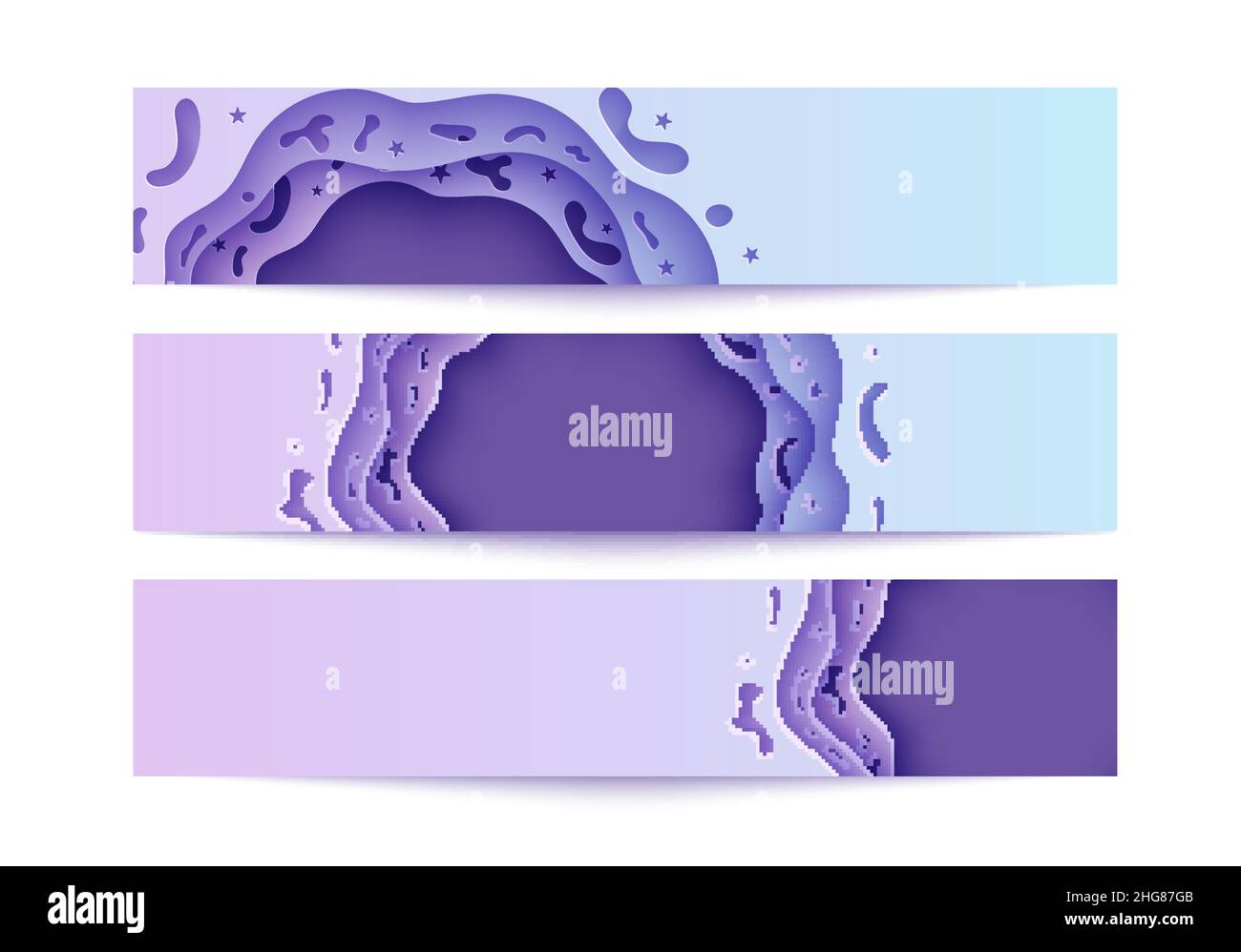 Set of banners in paper cut style. Three 3d abstract flyers purple ...
