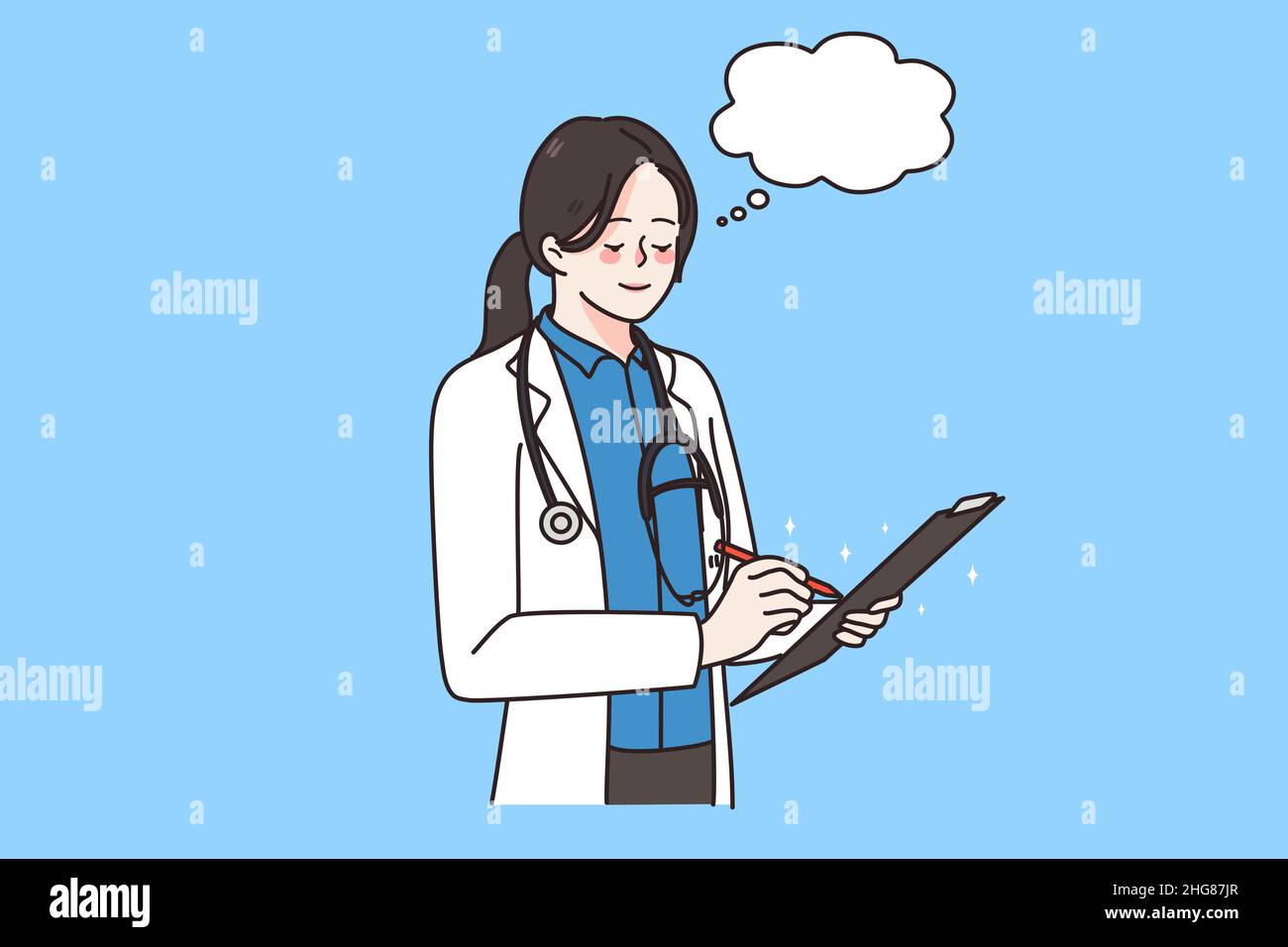 Young woman doctor in medical uniform write prescription in patient ...