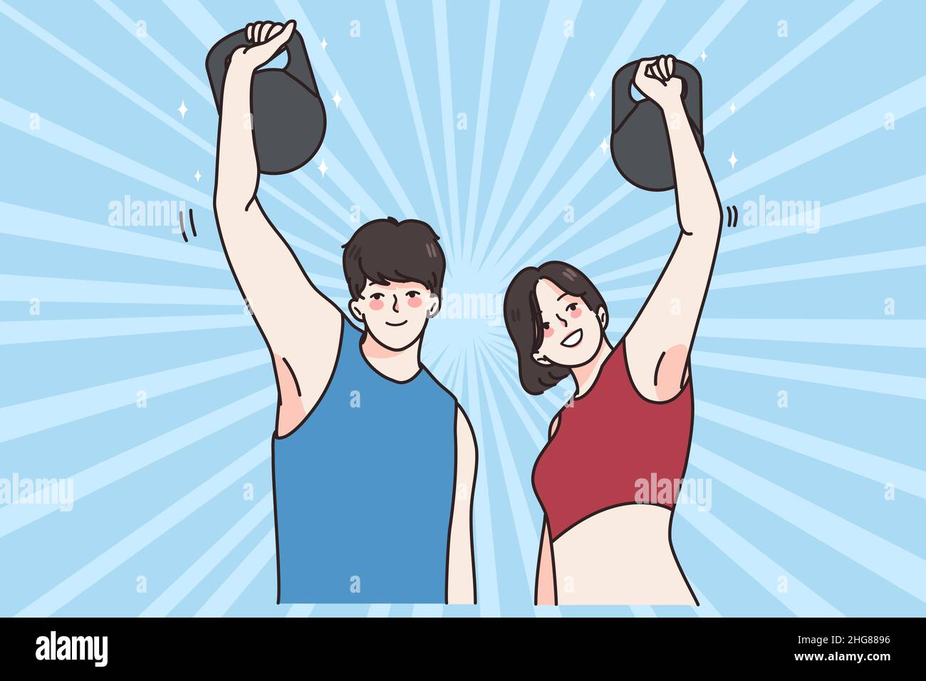 Smiling toned young people in sportswear lift dumbbell do sports train ...