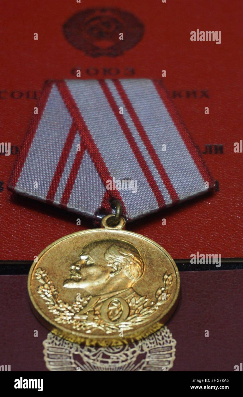 HANGZHOU, CHINA - JANUARY 19, 2022 - Soviet-era KGB MEDALS are pictured during a preview of an ...
