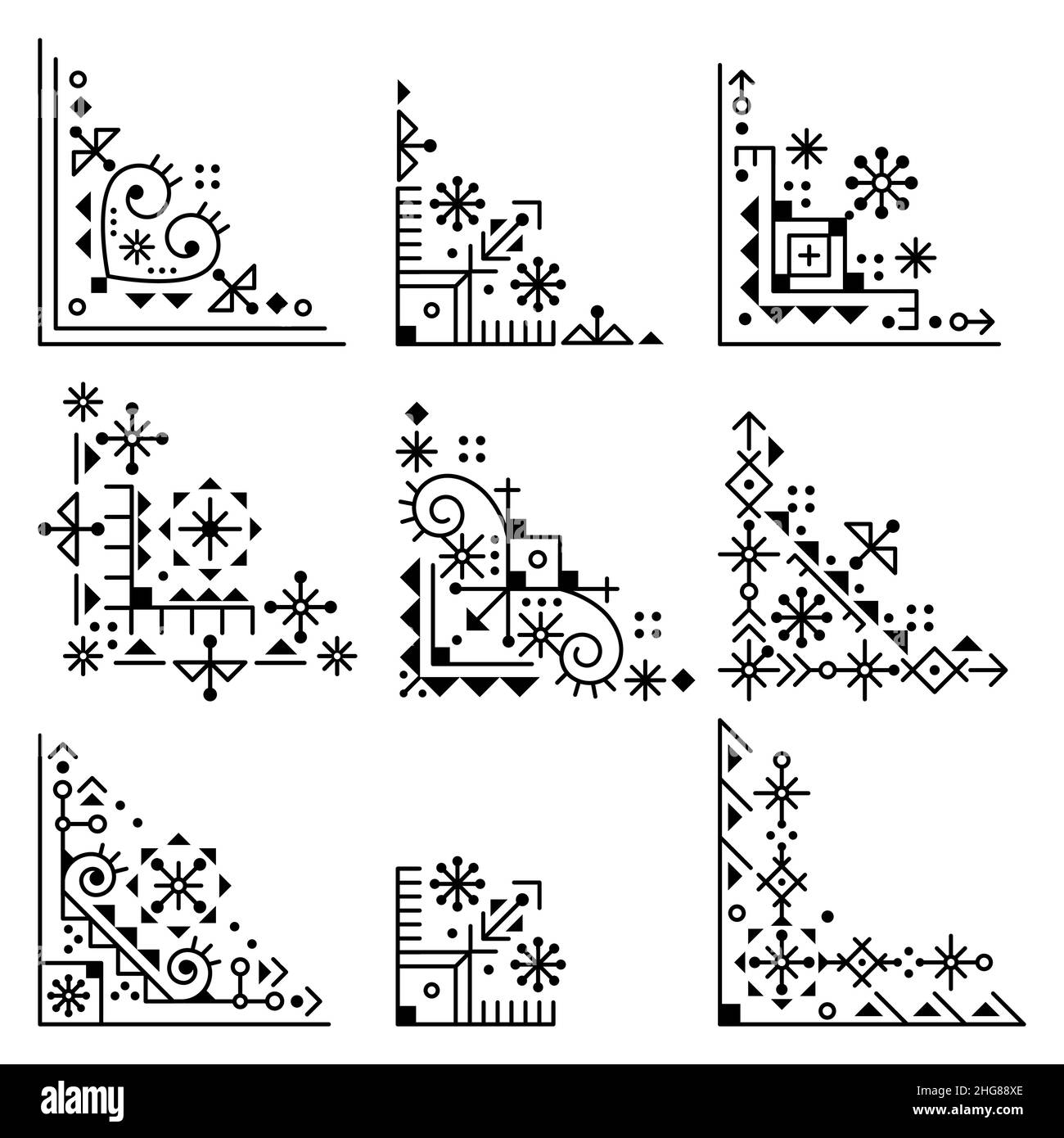 Geometric tribal or neotribal line art vector corners patterns ...