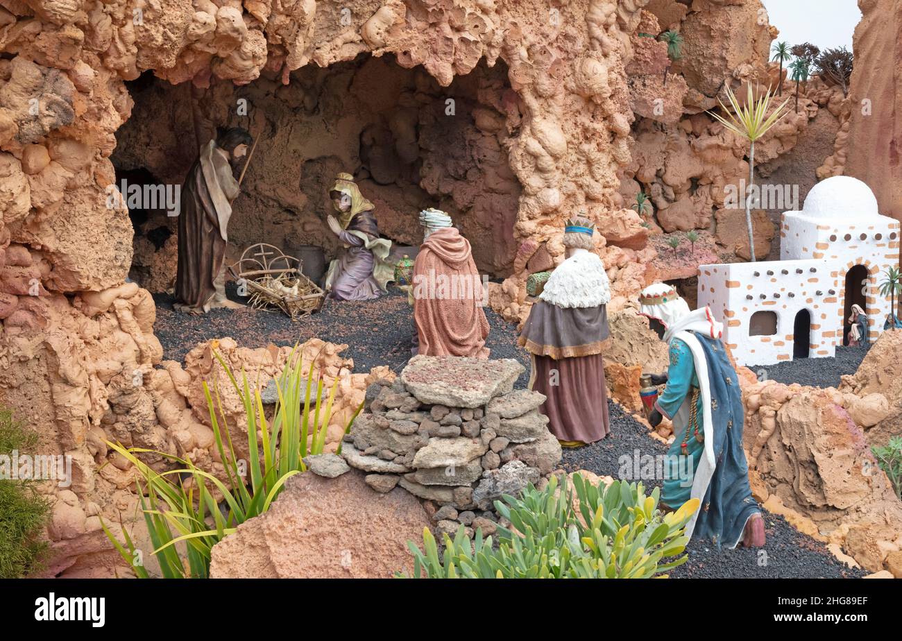 Christmas nativity scene in a stable with baby Jesus in a manger, Mary ...