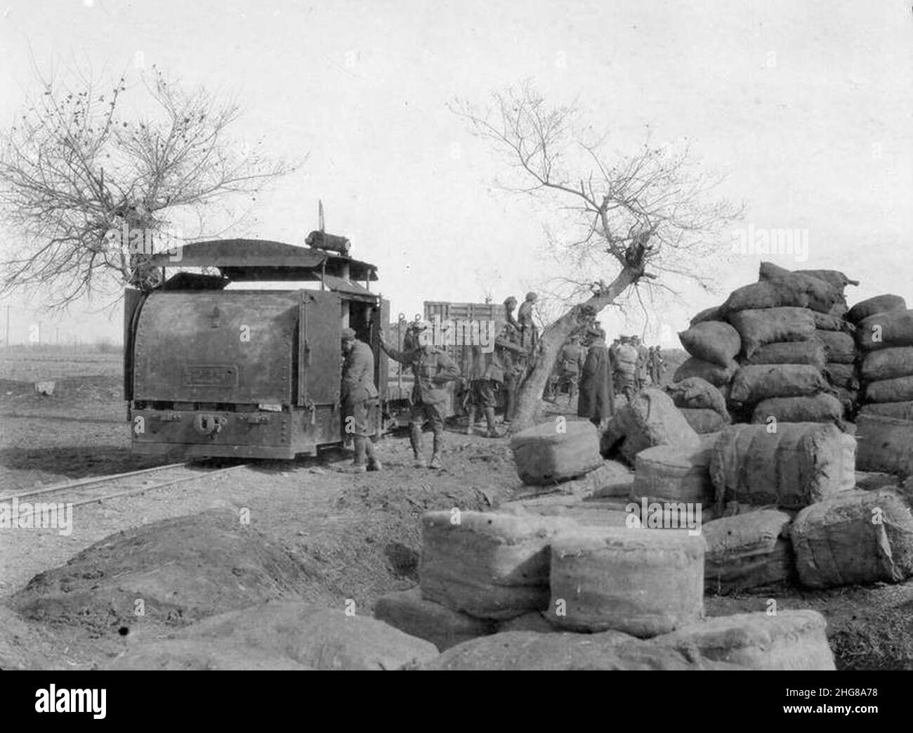 Simplex petrol locomotive on the military Decauville line (600 mm gauge ...