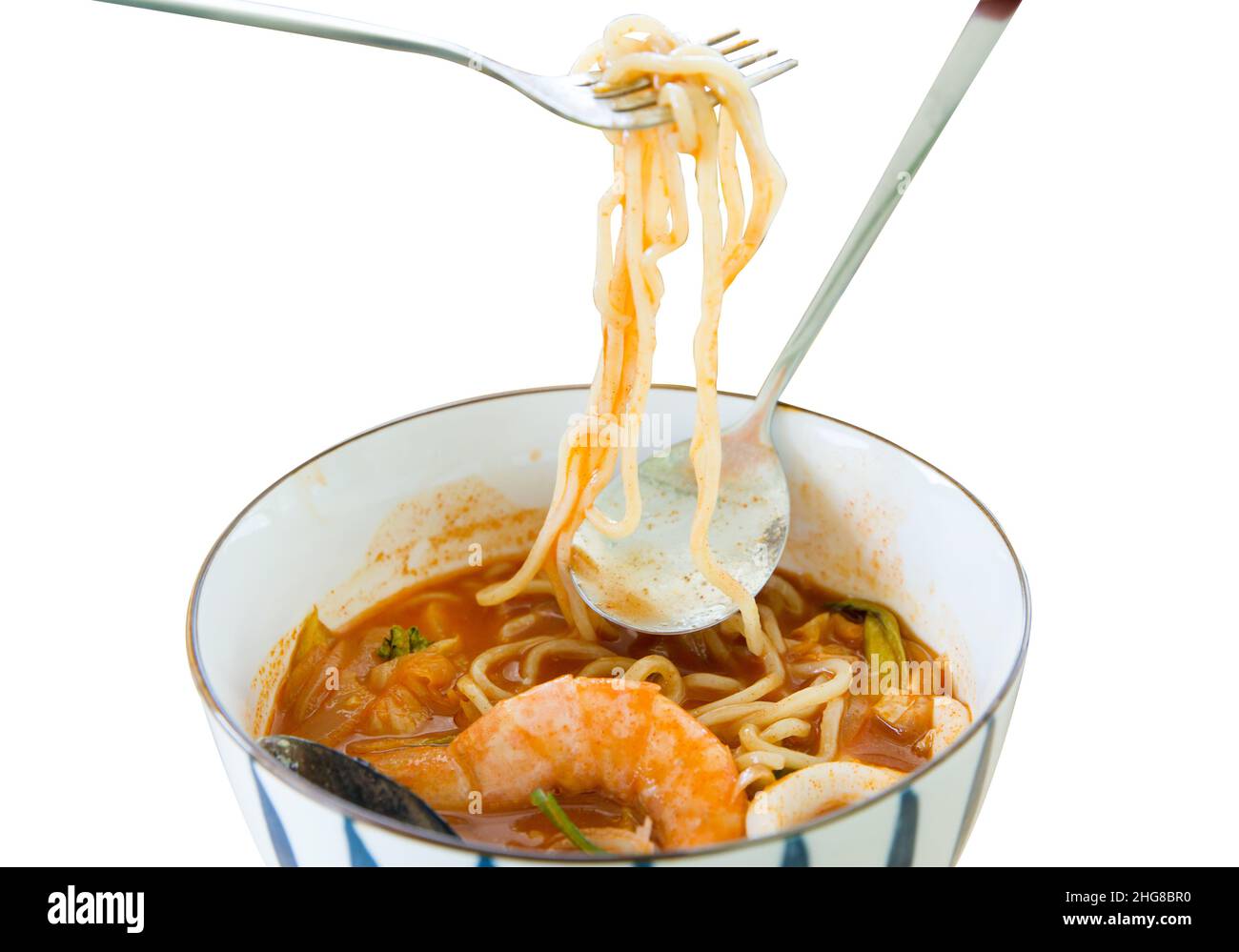 Top view of Korean traditional Noodle, Jamppong Spicy Seafood Noodle ...