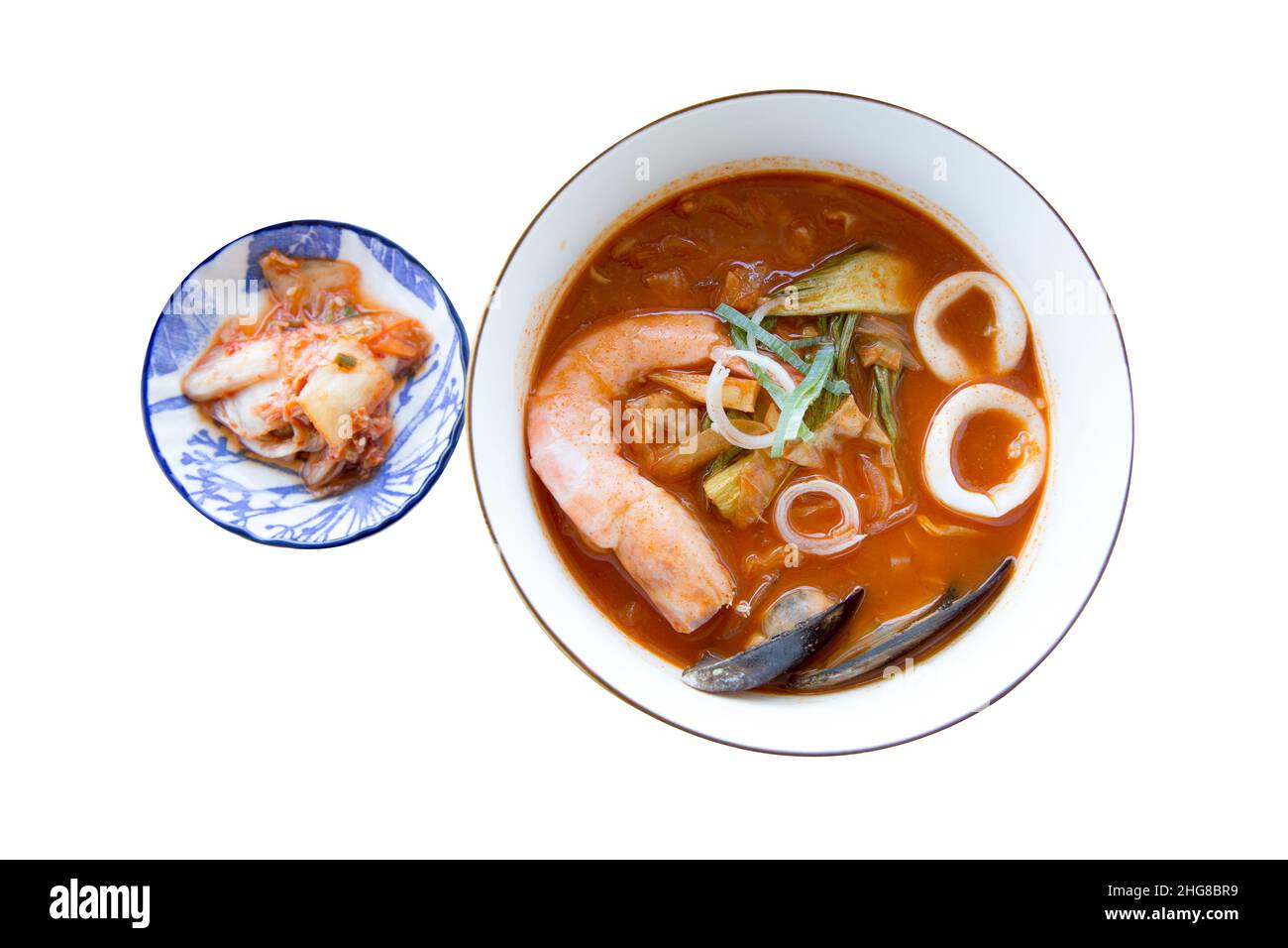 Top view of Korean traditional Noodle, Jamppong Spicy Seafood Noodle ...
