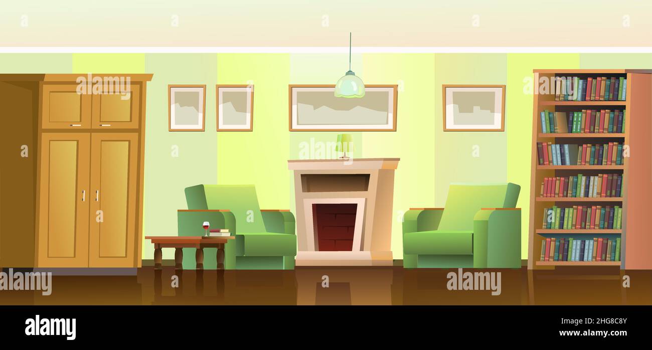 Room interior with fireplace, armchairs, wardrobe and bookshelves. Cozy ...