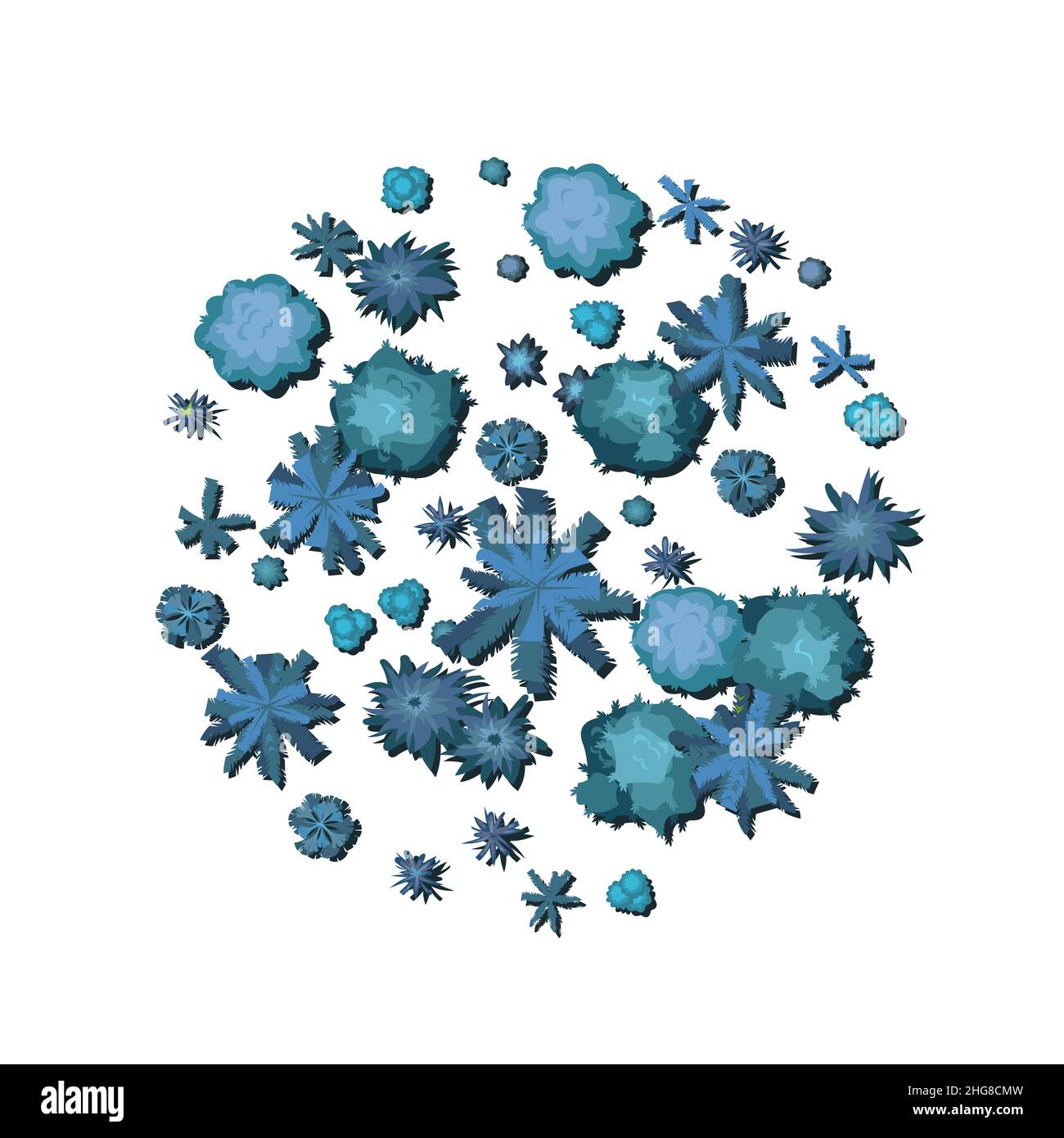 Night tropic plant landscape top view. Wild palm trees and bushes. Dark ...