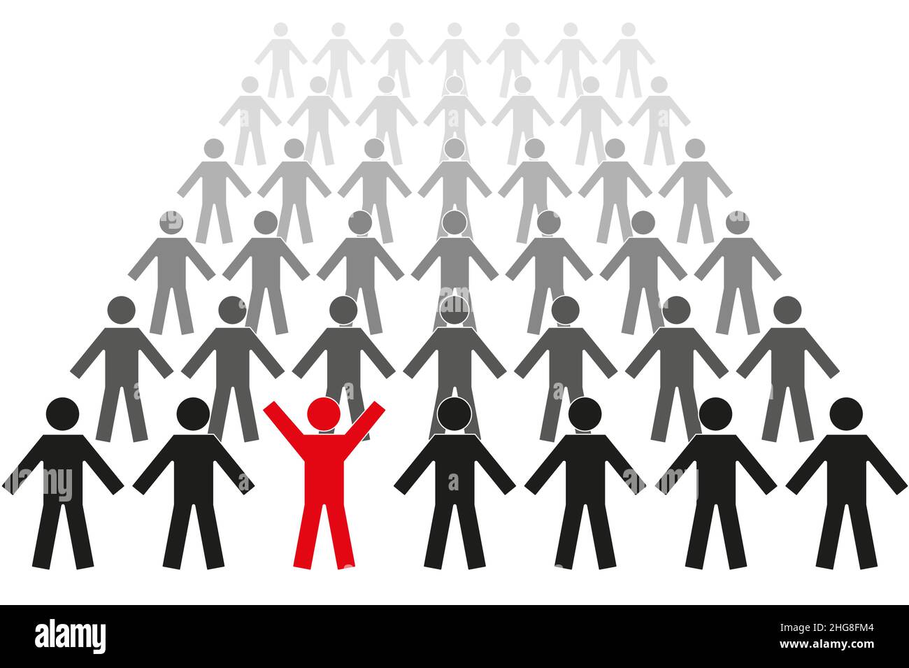 Individuality concept. One individual red man with many different black ...