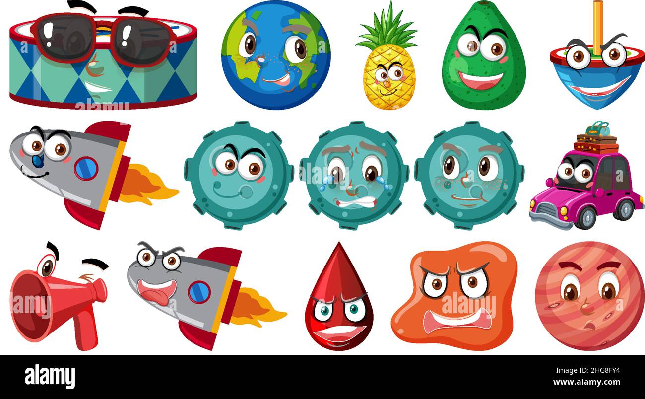 Set of different toy objects with smiley faces illustration Stock ...