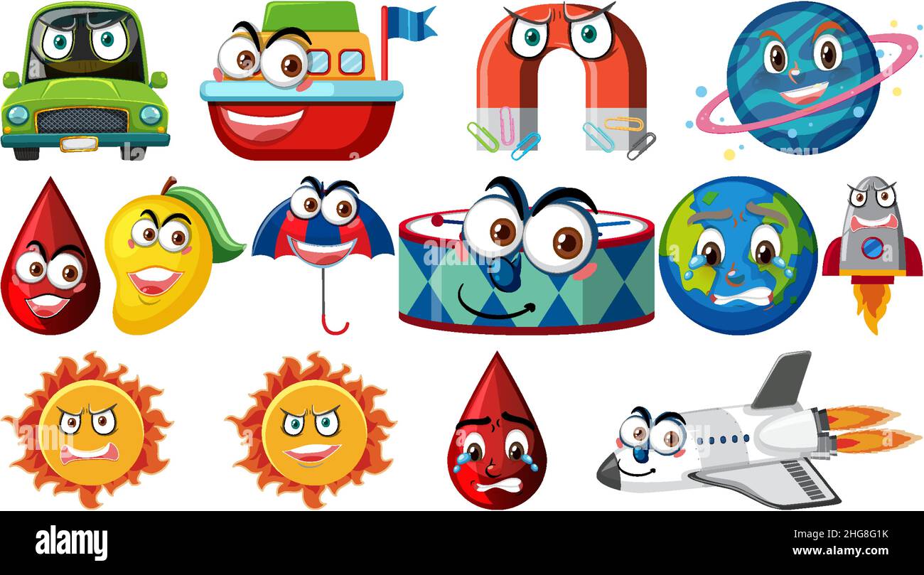Set of different toy objects with smiley faces illustration Stock ...