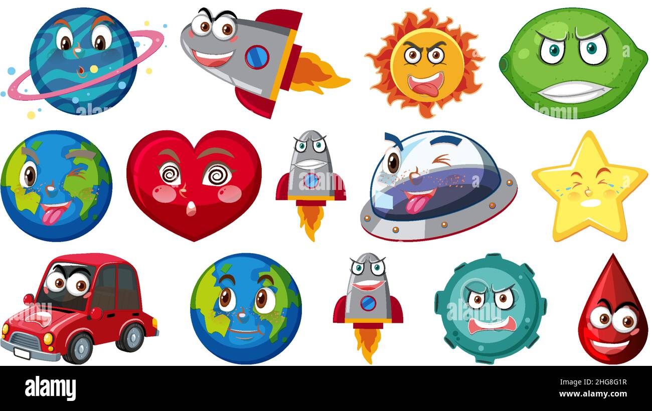 Set of different toy objects with smiley faces illustration Stock ...