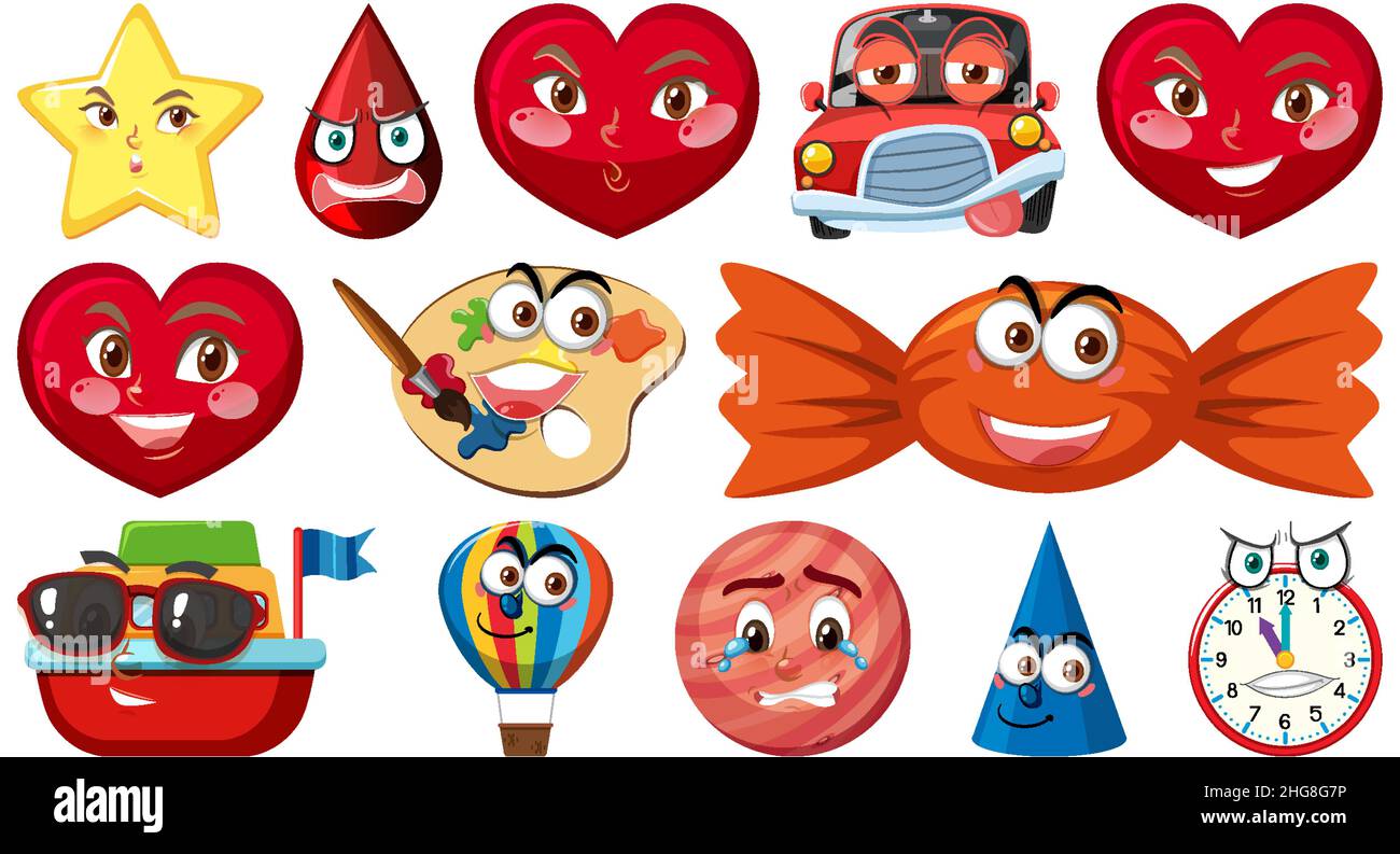 Set of different toy objects with smiley faces illustration Stock ...