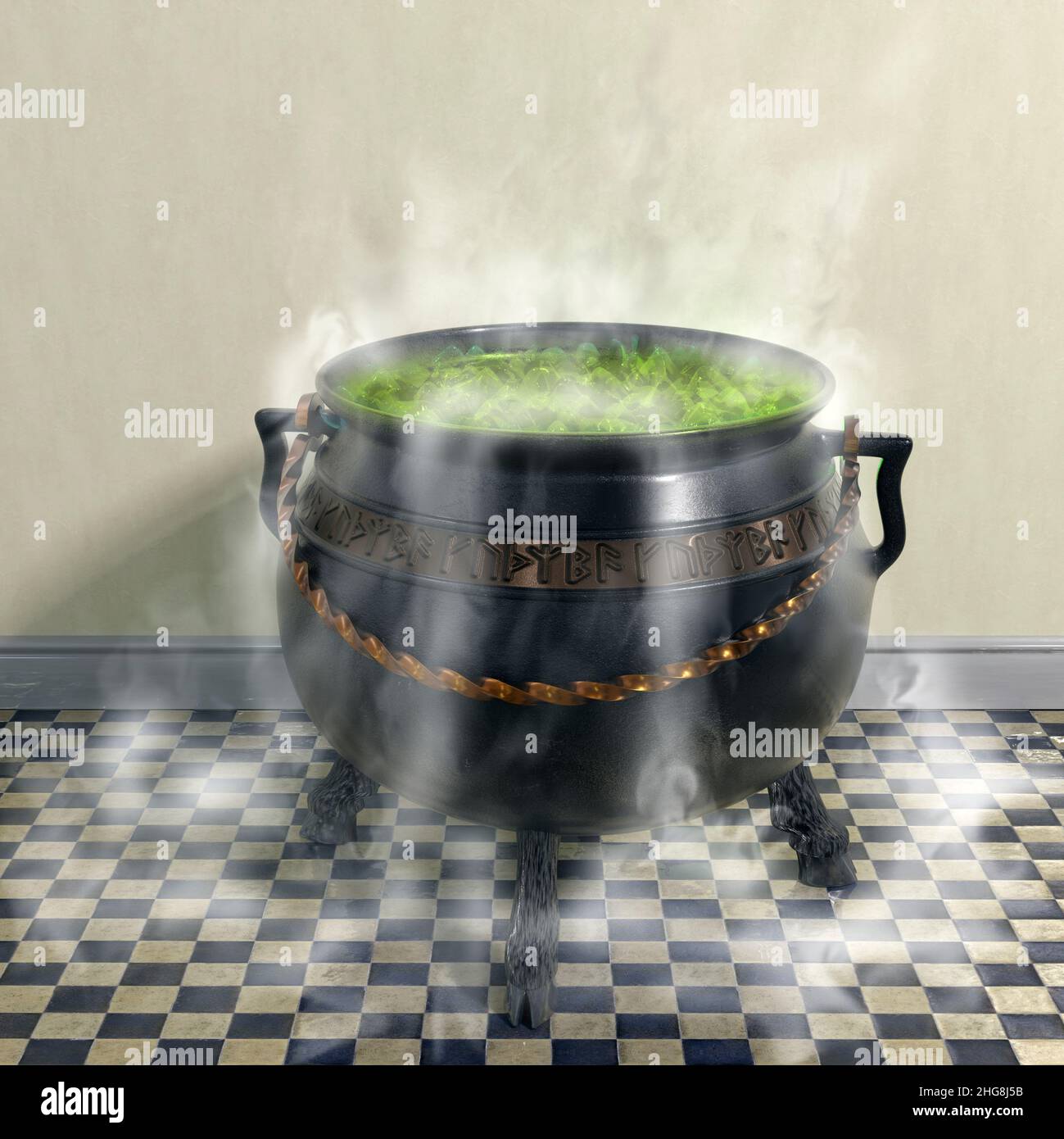 3D Illustration of a magical witch cauldron wIth misty eerie potion ...