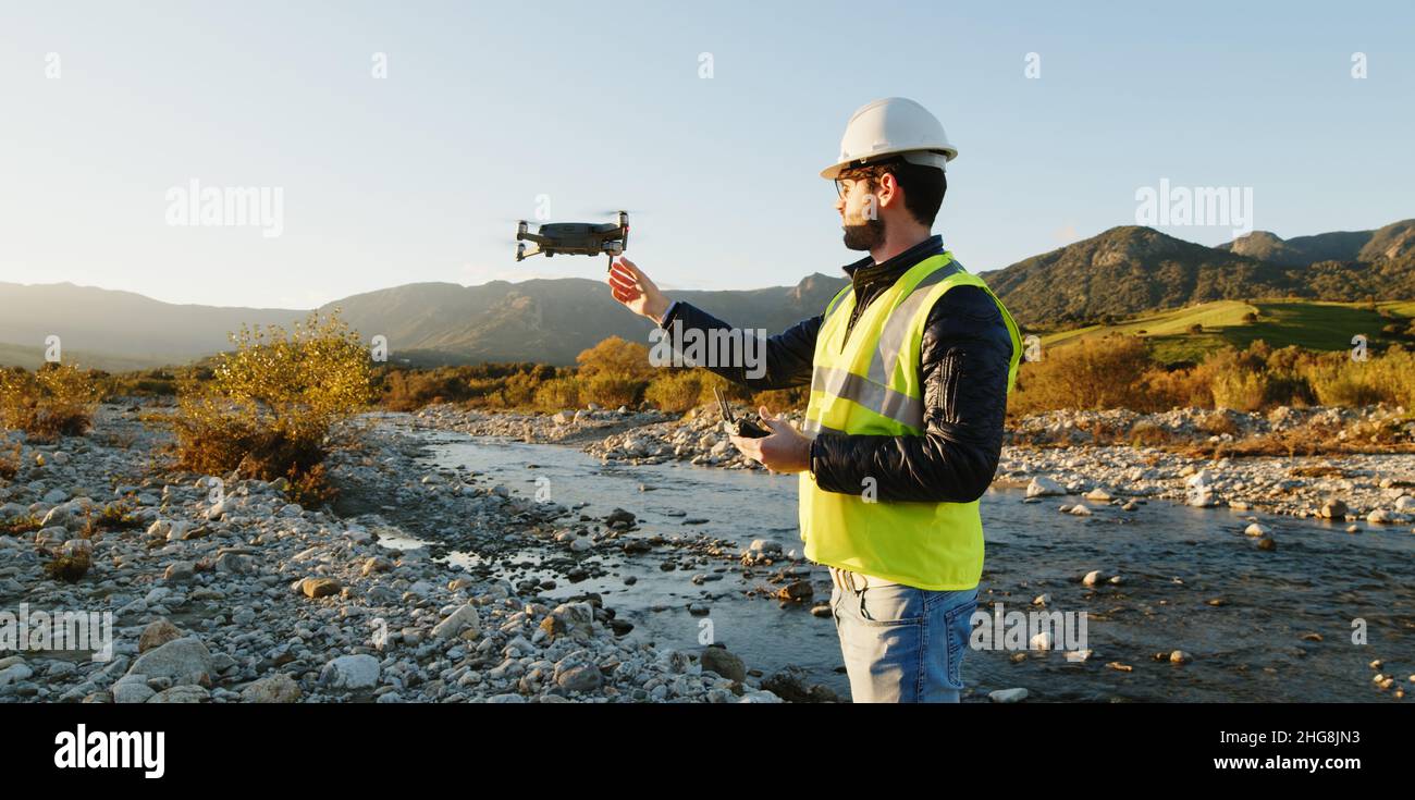 geologist with drone check the state of the environment Stock Photo - Alamy
