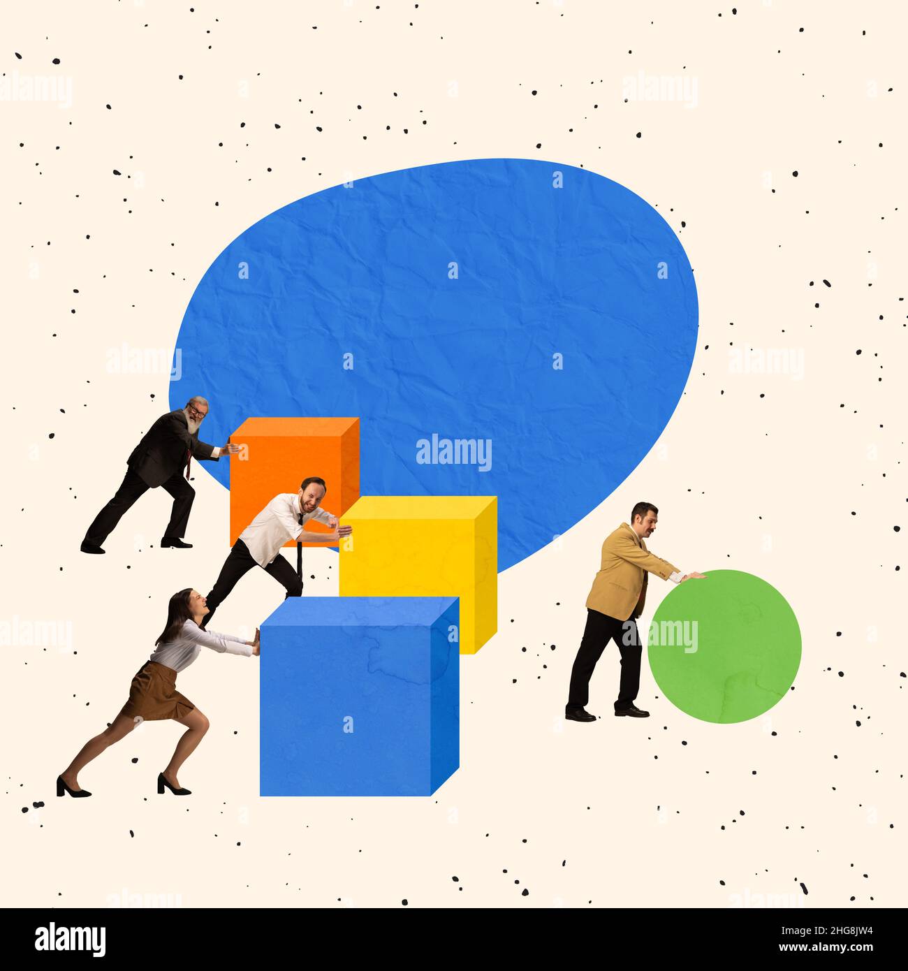 Contemporary art collage. Employees pushing heavy blocks symbolizing ...