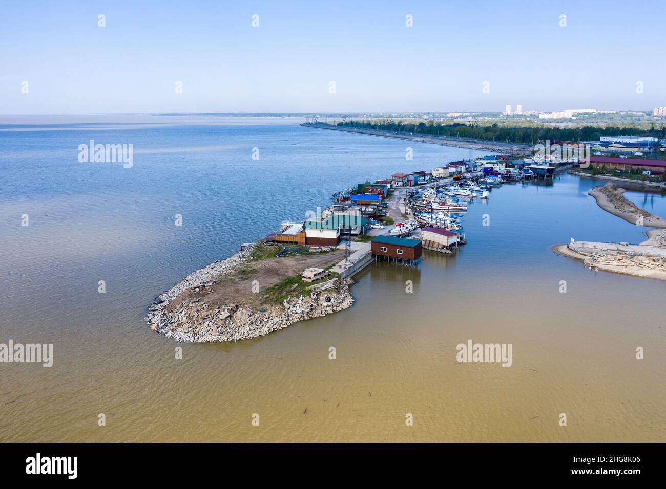 Aerial view of the cape with berths for boats on the Ob reservoir ...