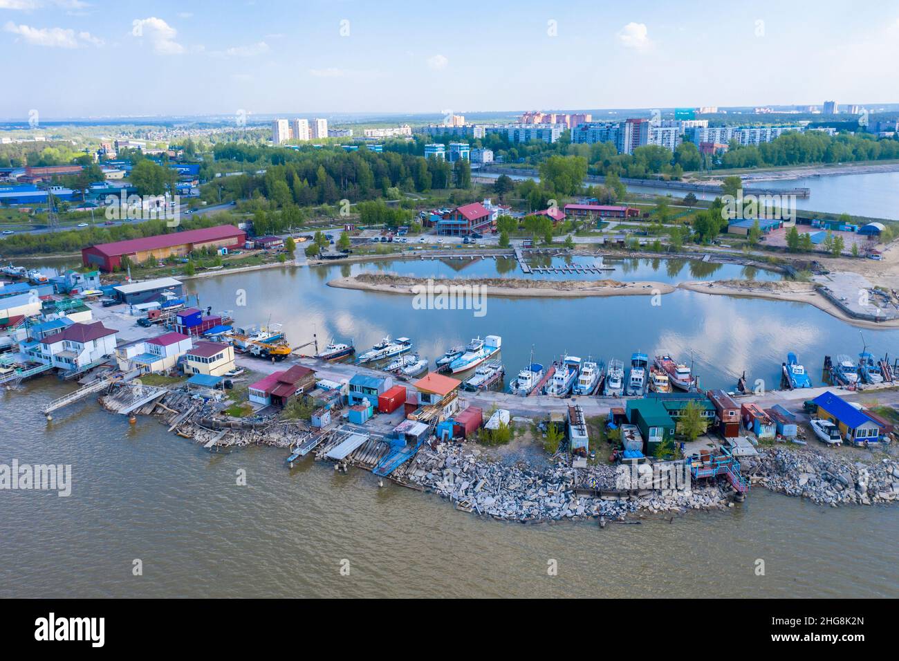 Aerial view of the cape with berths for boats on the Ob reservoir ...