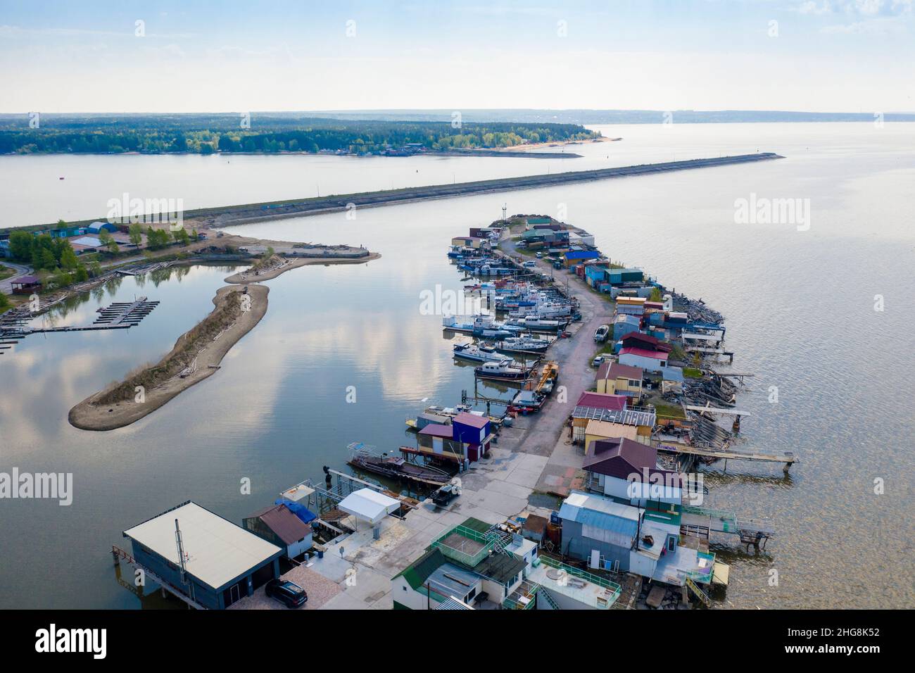 Aerial view of the cape with berths for boats on the Ob reservoir ...