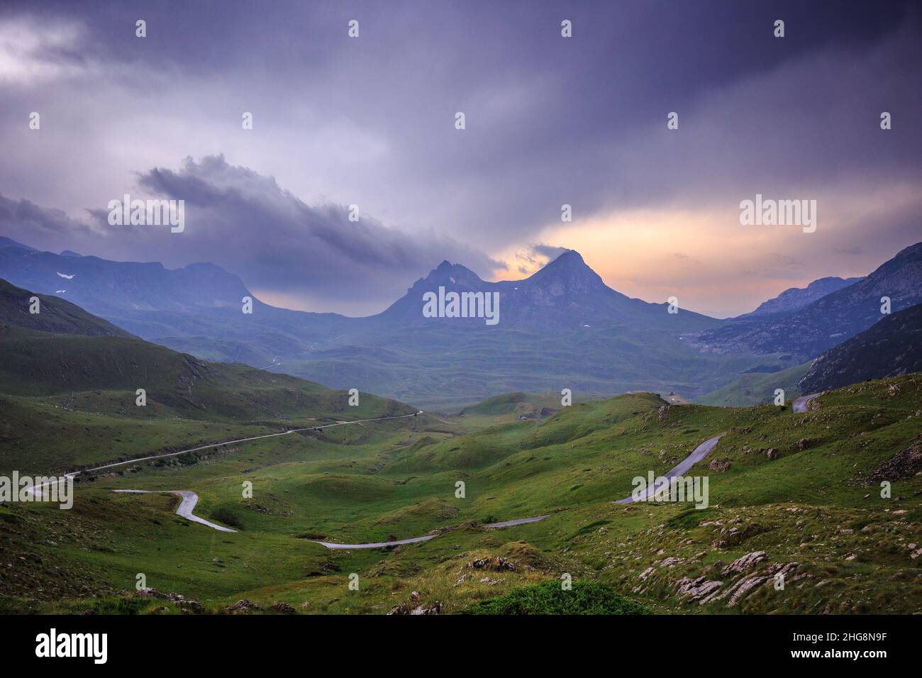 Panoramic view on the serpentine road to sedlo pass in Durmitor nature ...