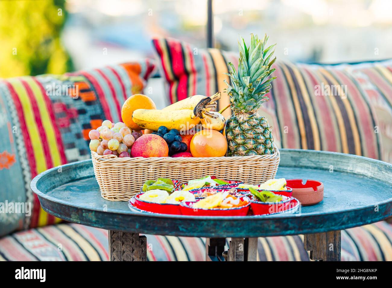 Traditional turkish breakfast with fruits with Cappadocia view and ...